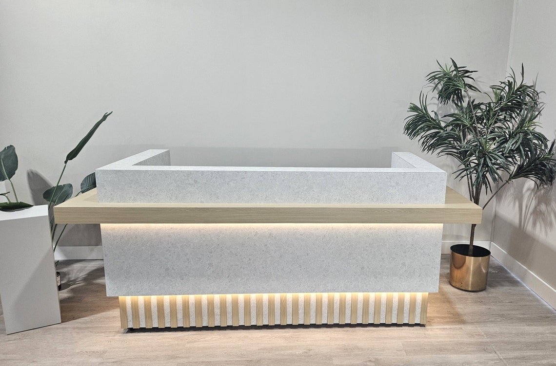 Opal Reception Desk (WHITE SHALESTONE 9525-34, 2 = 8844-WR Aged Ash ...