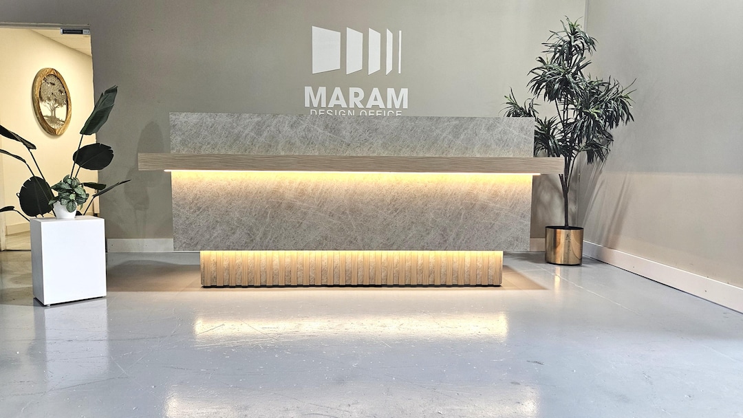 Opal Reception Desk (WHITE SHALESTONE 9525-34, 2 = 8844-WR Aged Ash ...
