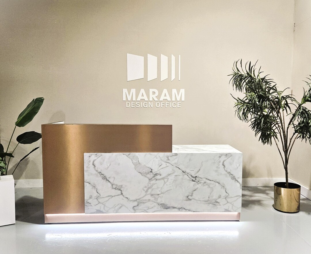 Jade Plus Reception Desk ( Gloss White + Copper) Gold Metal Laminate ...