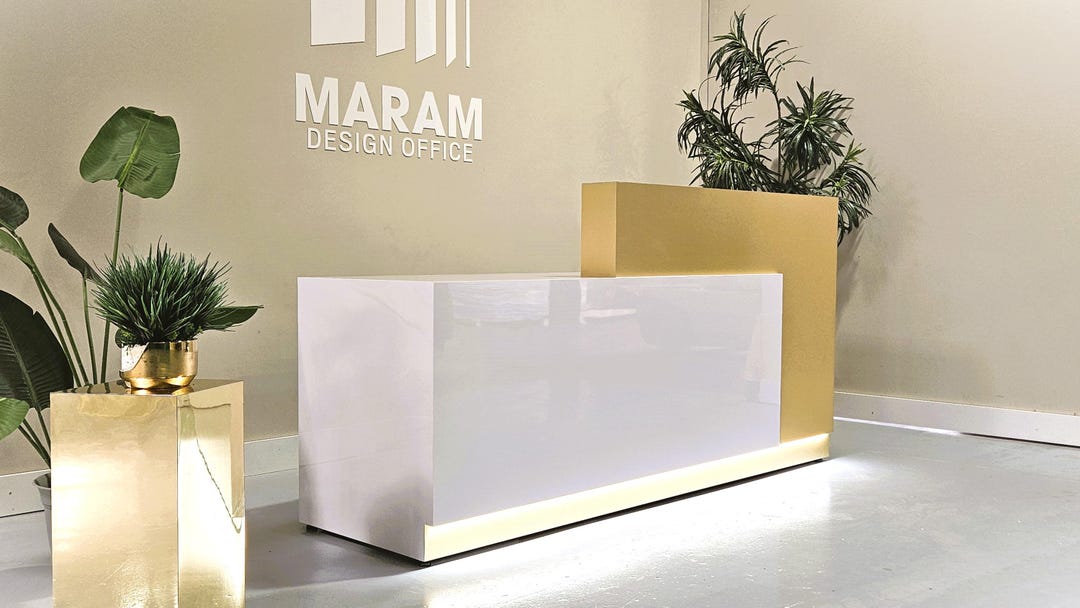 Jade Plus Reception Desk ( Gloss White + Gold) Gold Metal Laminate Has ...