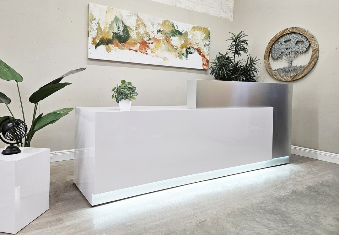 Jade Plus Reception Desk ( Gloss White + Silver) Silver Metal Laminate ...