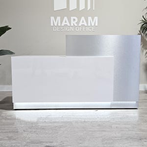 Jade Plus Reception Desk ( Gloss White + Silver) Silver Metal Laminate ...