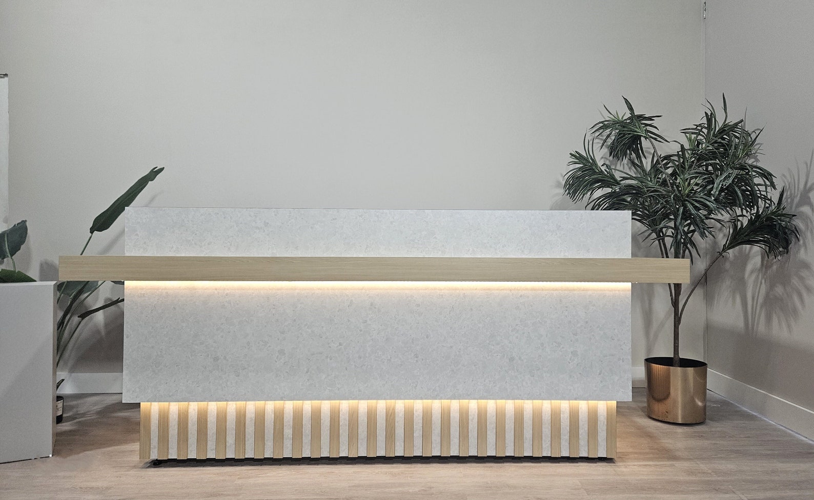 Opal Reception Desk (WHITE SHALESTONE 9525-34, 2 = 8844-WR Aged Ash ...