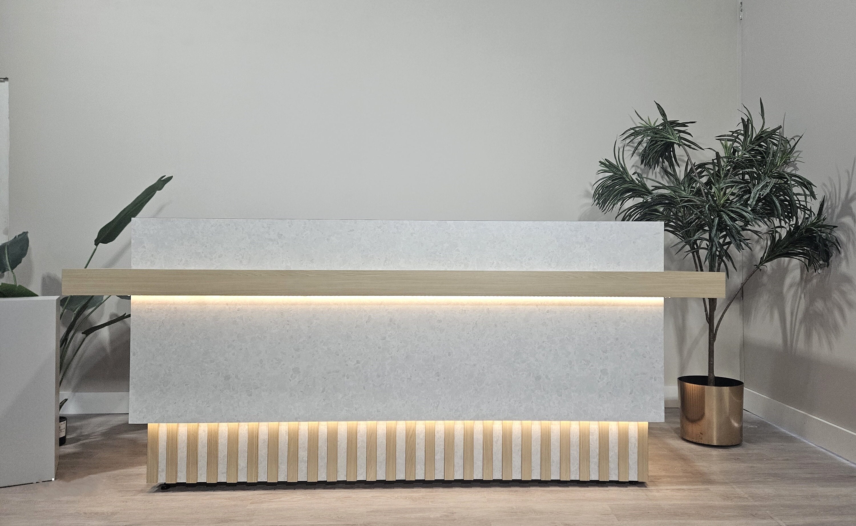Opal Reception Desk (WHITE SHALESTONE 9525-34, 2 = 8844-WR Aged Ash ...