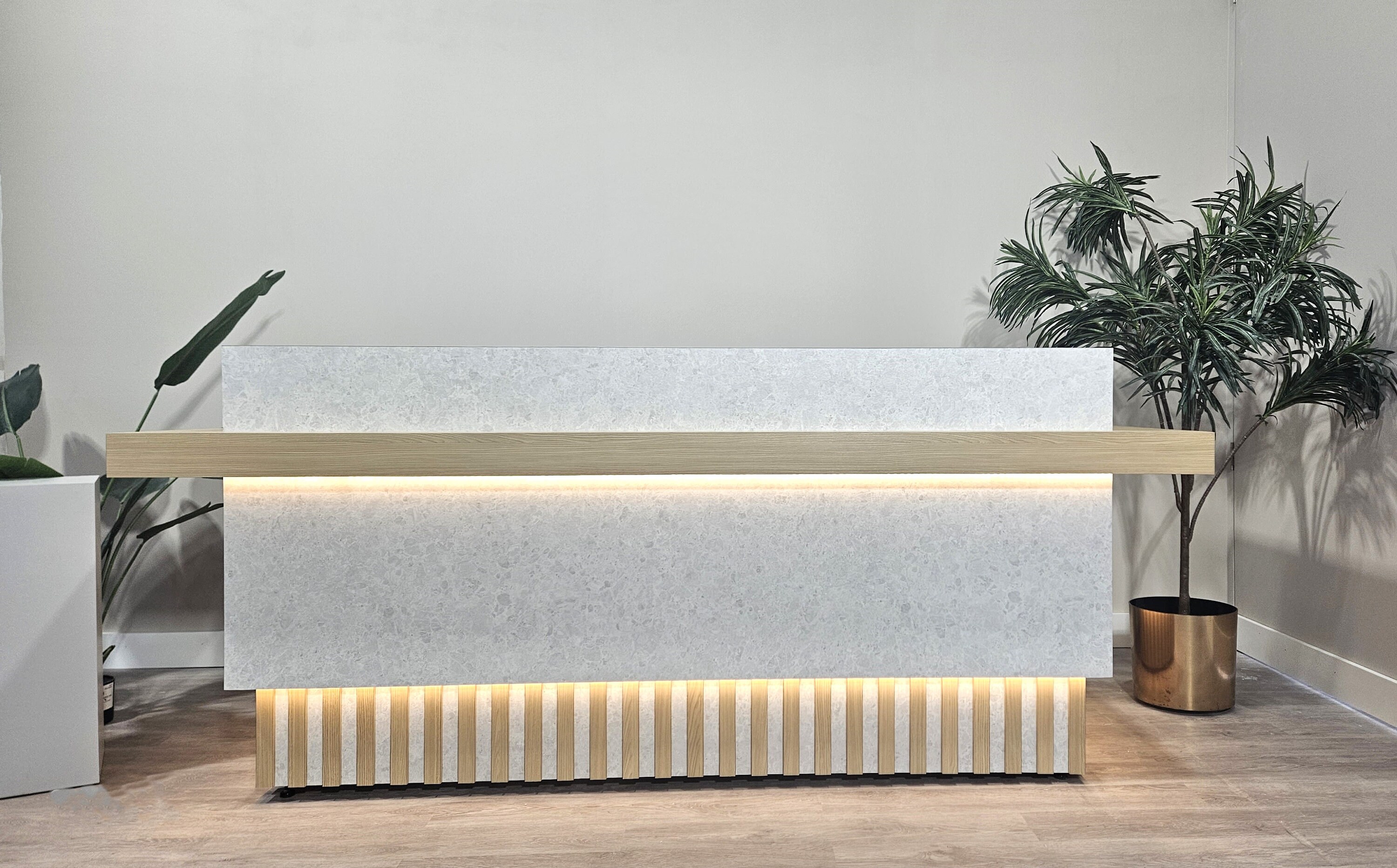 Opal Reception Desk (WHITE SHALESTONE 9525-34, 2 = 8844-WR Aged Ash ...