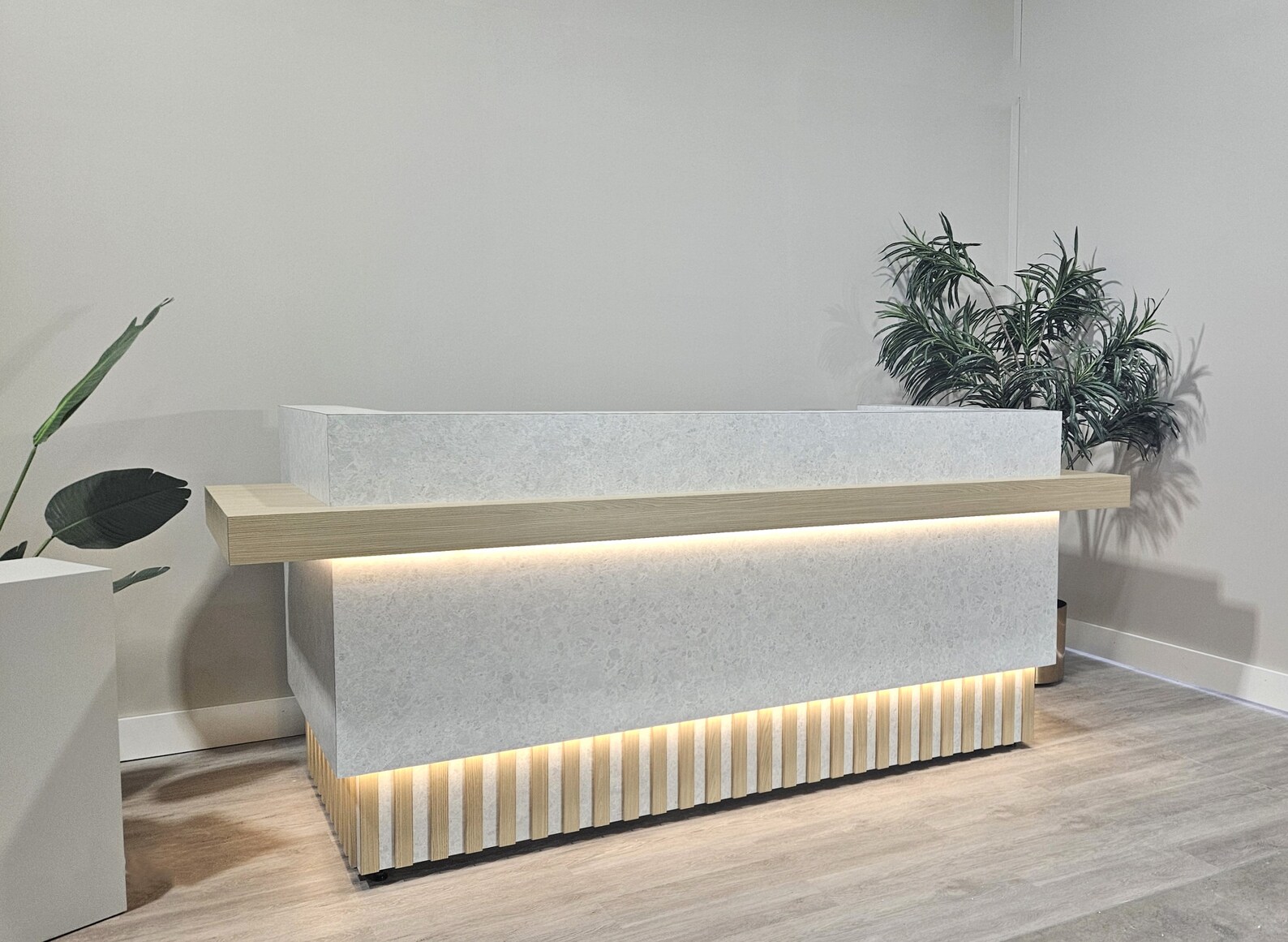 Opal Reception Desk (WHITE SHALESTONE 9525-34, 2 = 8844-WR Aged Ash ...