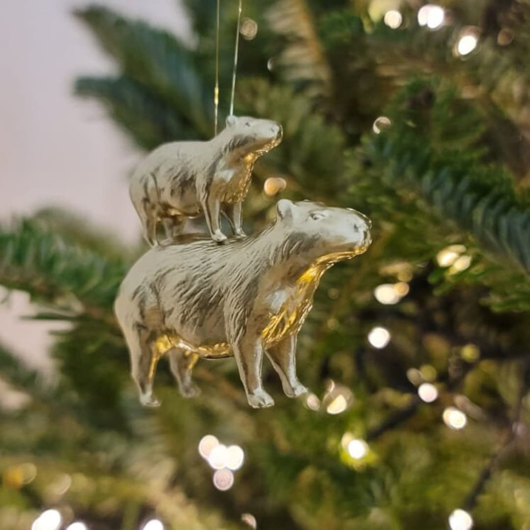 Capybara Christmas Ornament Gold 3D Printed Miniature Mini Figure Figurine Gift Desk Cute Meme ...