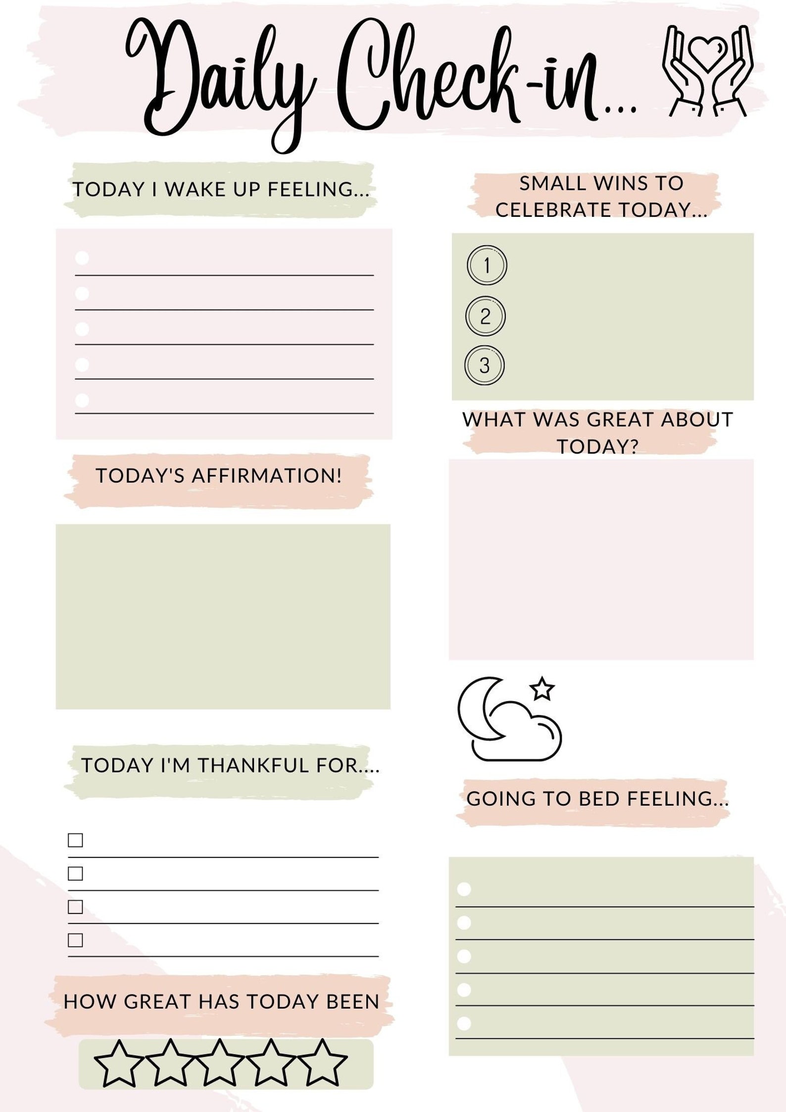 Daily Check-in Journal Page - Printable PDF - Positivity & Gratitude ...