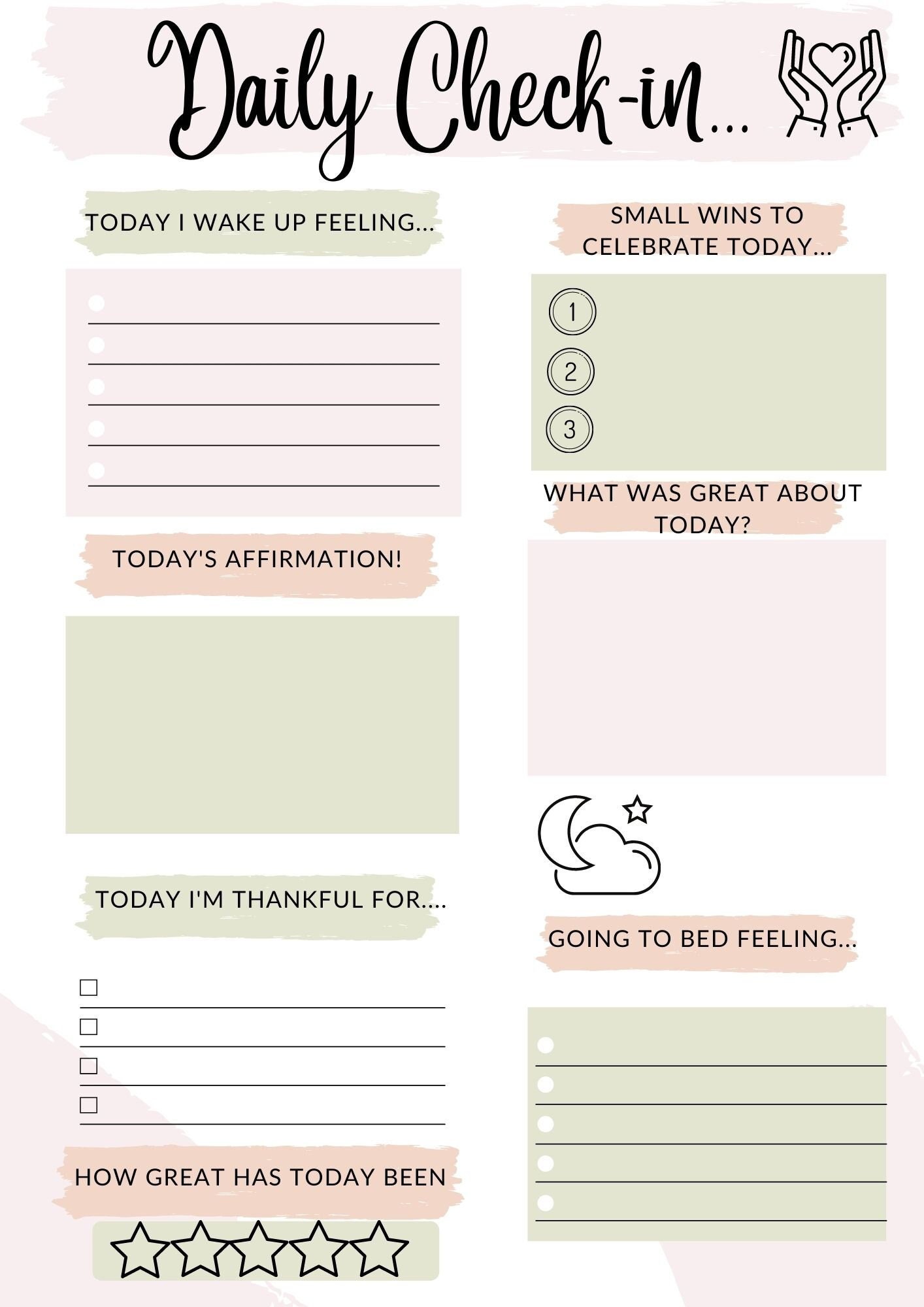 Daily Check-in Journal Page - Printable PDF - Positivity & Gratitude ...