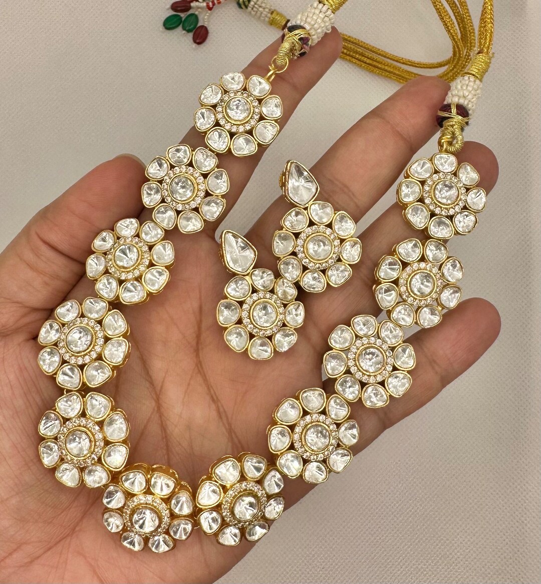 Sabyasachi Inspired Bridal Moissanite Uncut Polki Kundan Medium Length/ Choker Necklace Set ...