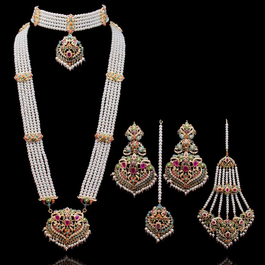 Gold Finish Navratan and Pearl Bridal Set (includes Choker Necklace ...