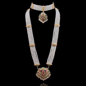 Gold Finish Navratan and Pearl Bridal Set (includes Choker Necklace ...