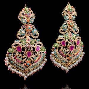 Gold Finish Navratan and Pearl Bridal Set (includes Choker Necklace ...