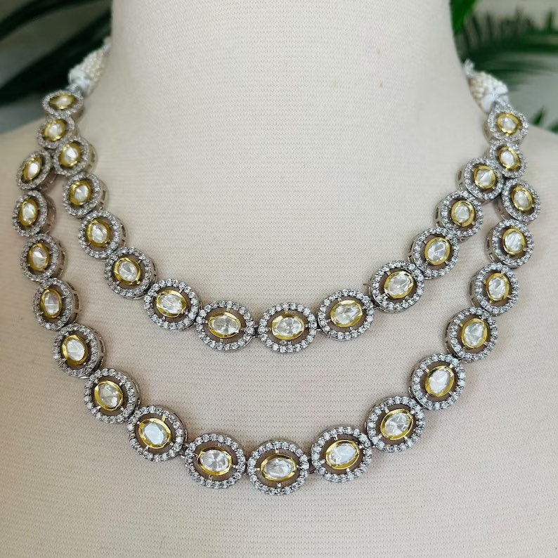 Sabyasachi Inspired Dual Tone Finish Uncut Polki Kundan Double Layer ...