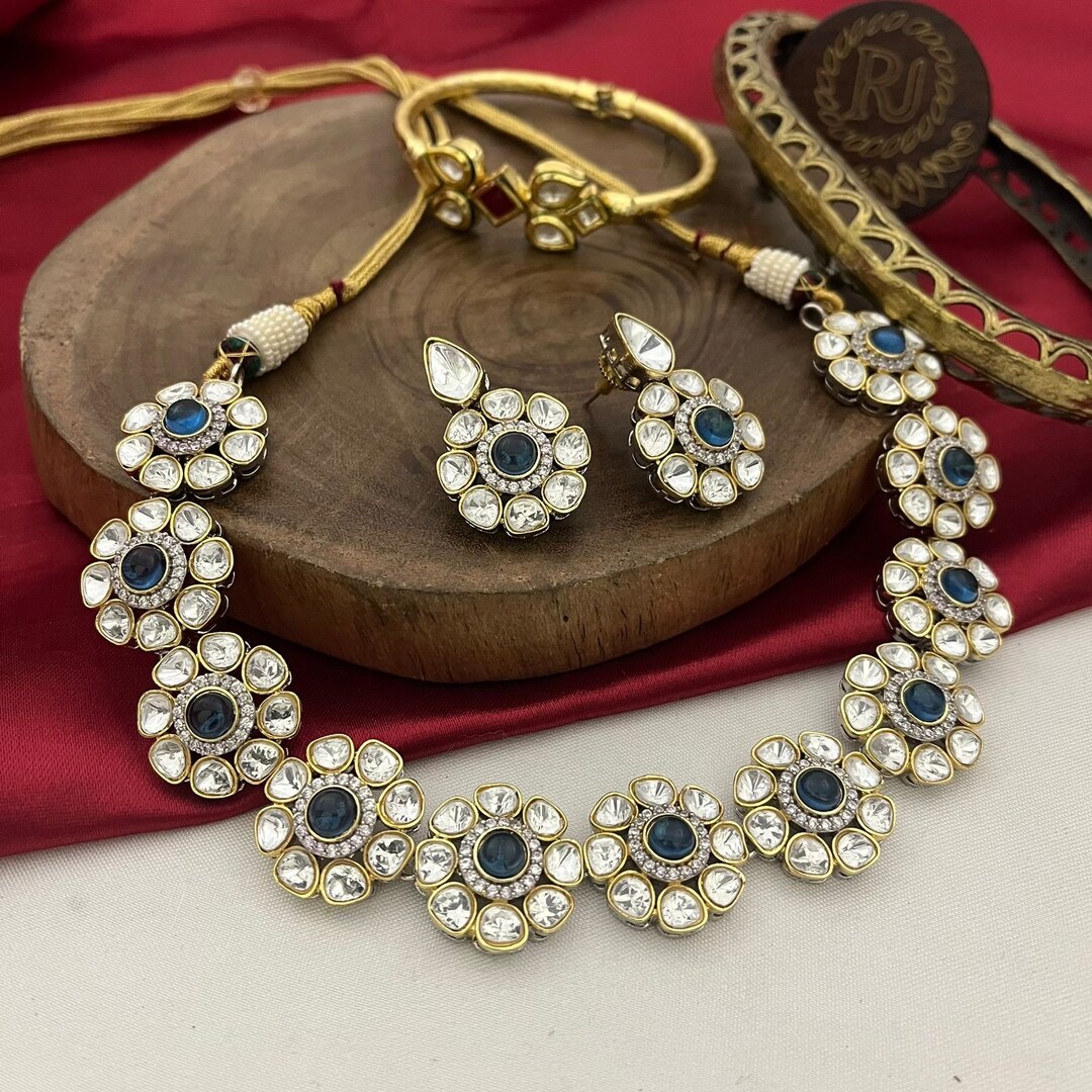 Sabyasachi Inspired Bridal Moissanite Uncut Polki Kundan Medium Length/ Choker Necklace Set ...
