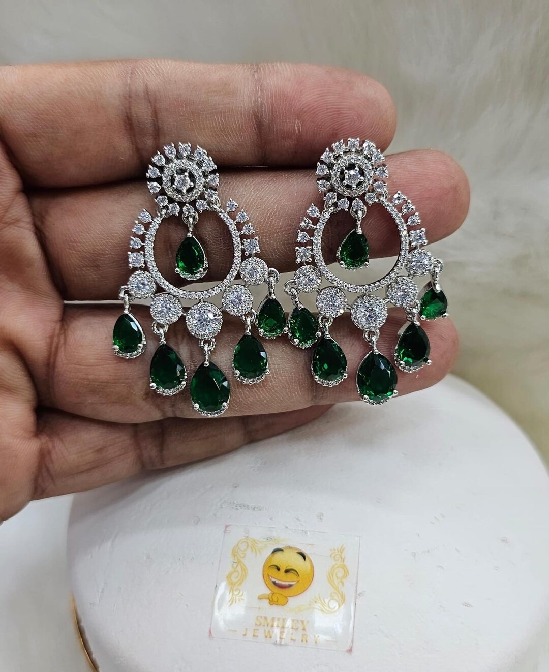 American Diamond Chand Bali Earrings With Emerald Green and White ...