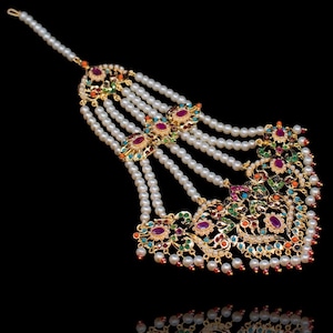 Gold Finish Navratan and Pearl Bridal Set (includes Choker Necklace ...