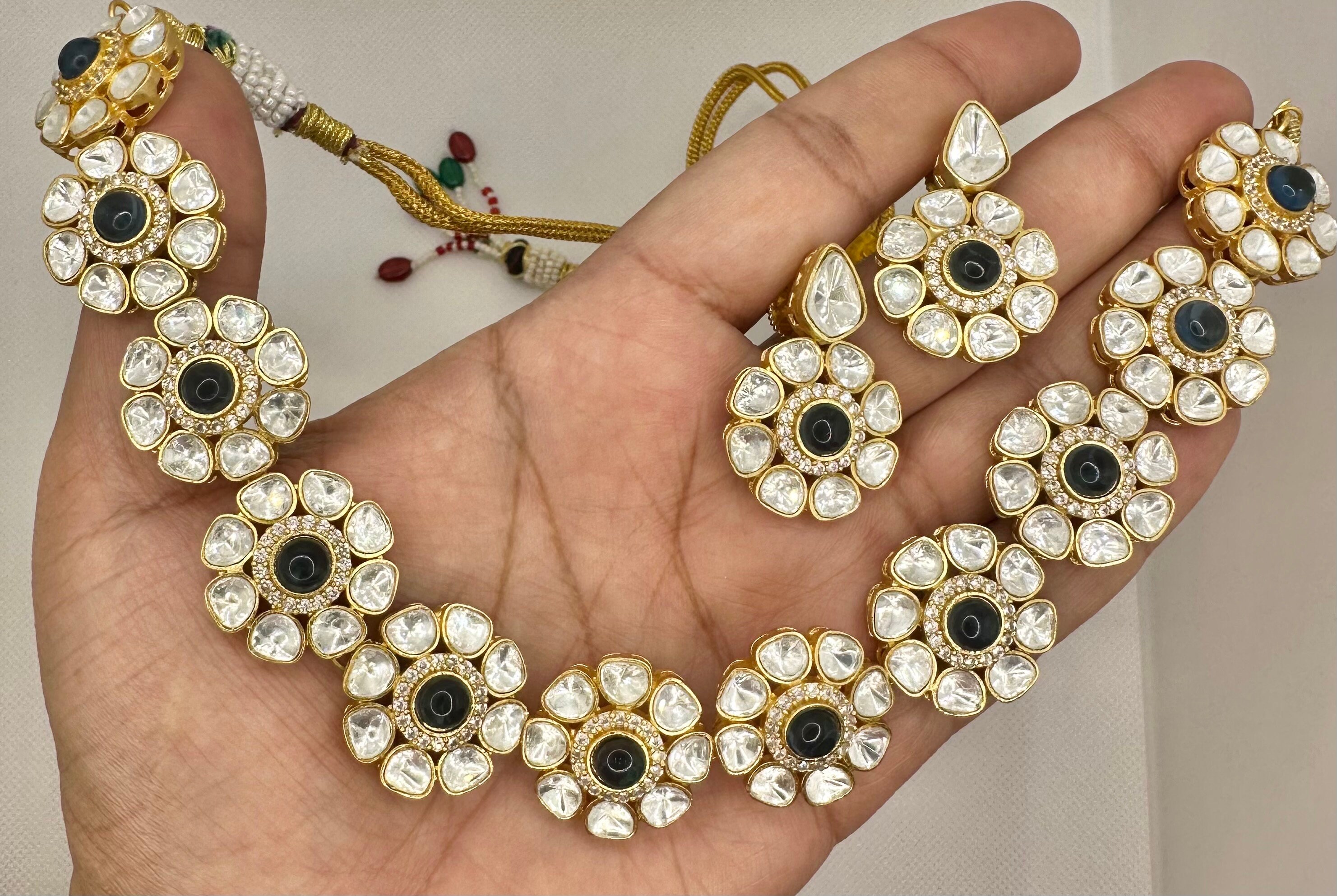 Sabyasachi Inspired Bridal Moissanite Uncut Polki Kundan Medium Length/ Choker Necklace Set ...