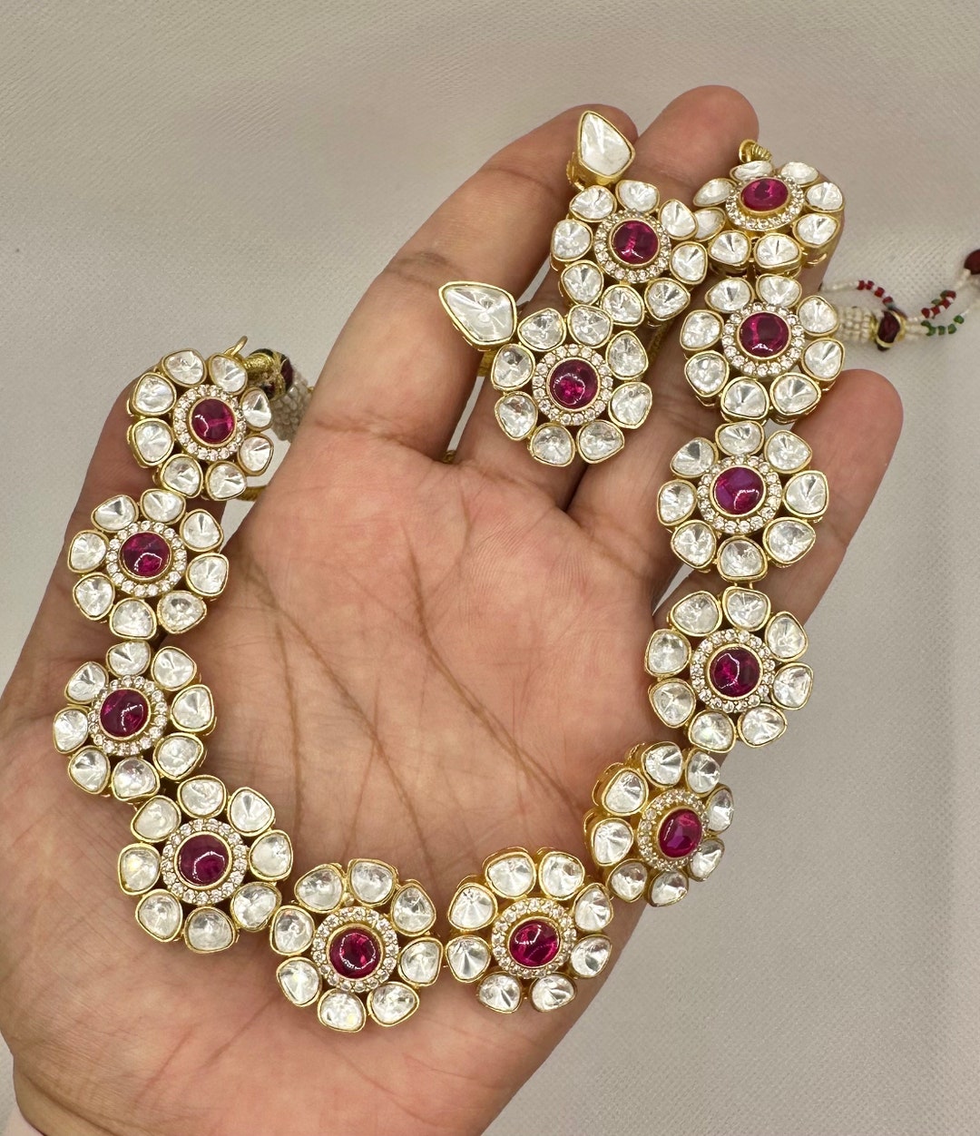 Sabyasachi Inspired Bridal Moissanite Uncut Polki Kundan Medium Length/ Choker Necklace Set ...