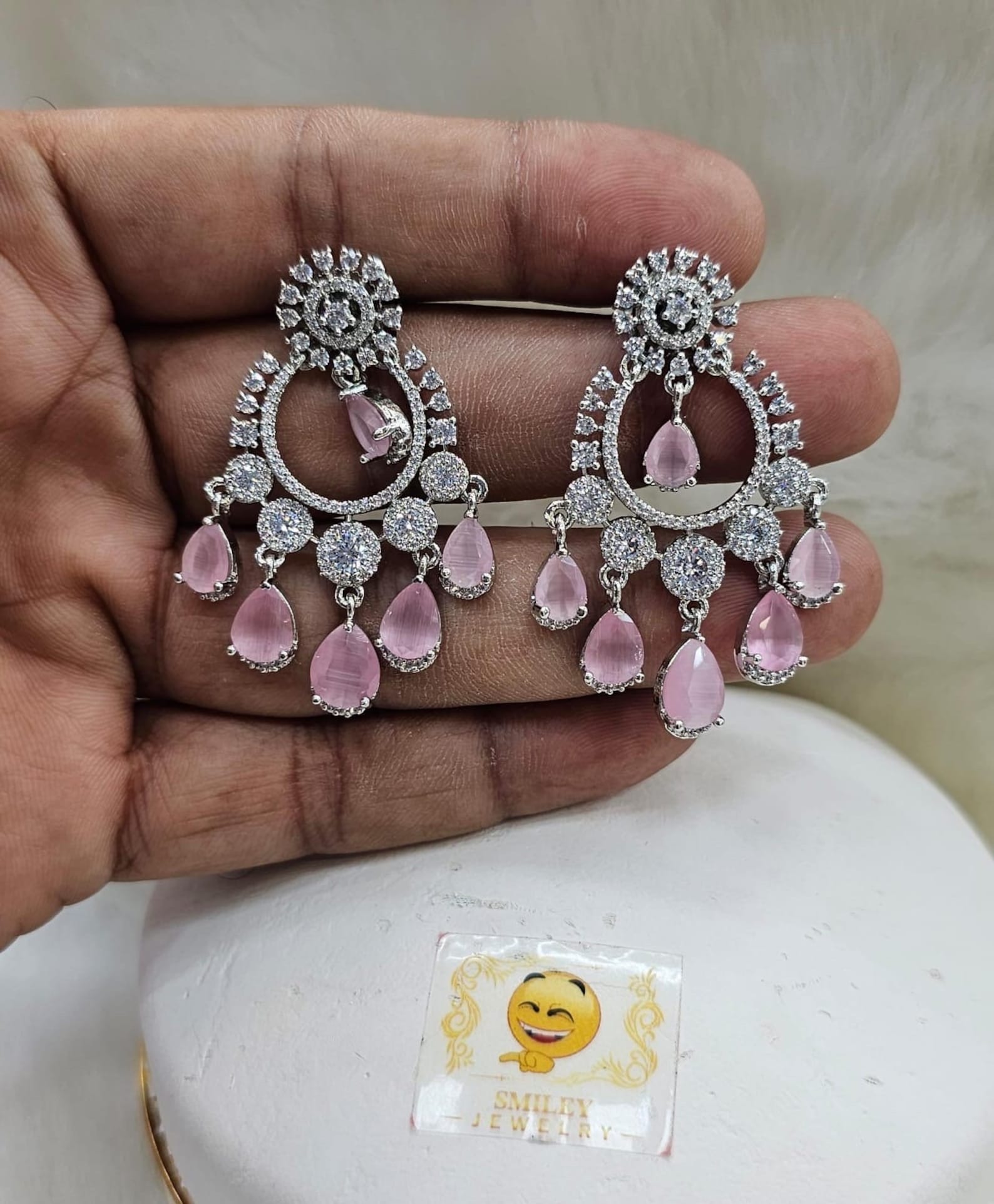 American Diamond Chand Bali Earrings With Light Baby Pink and White ...