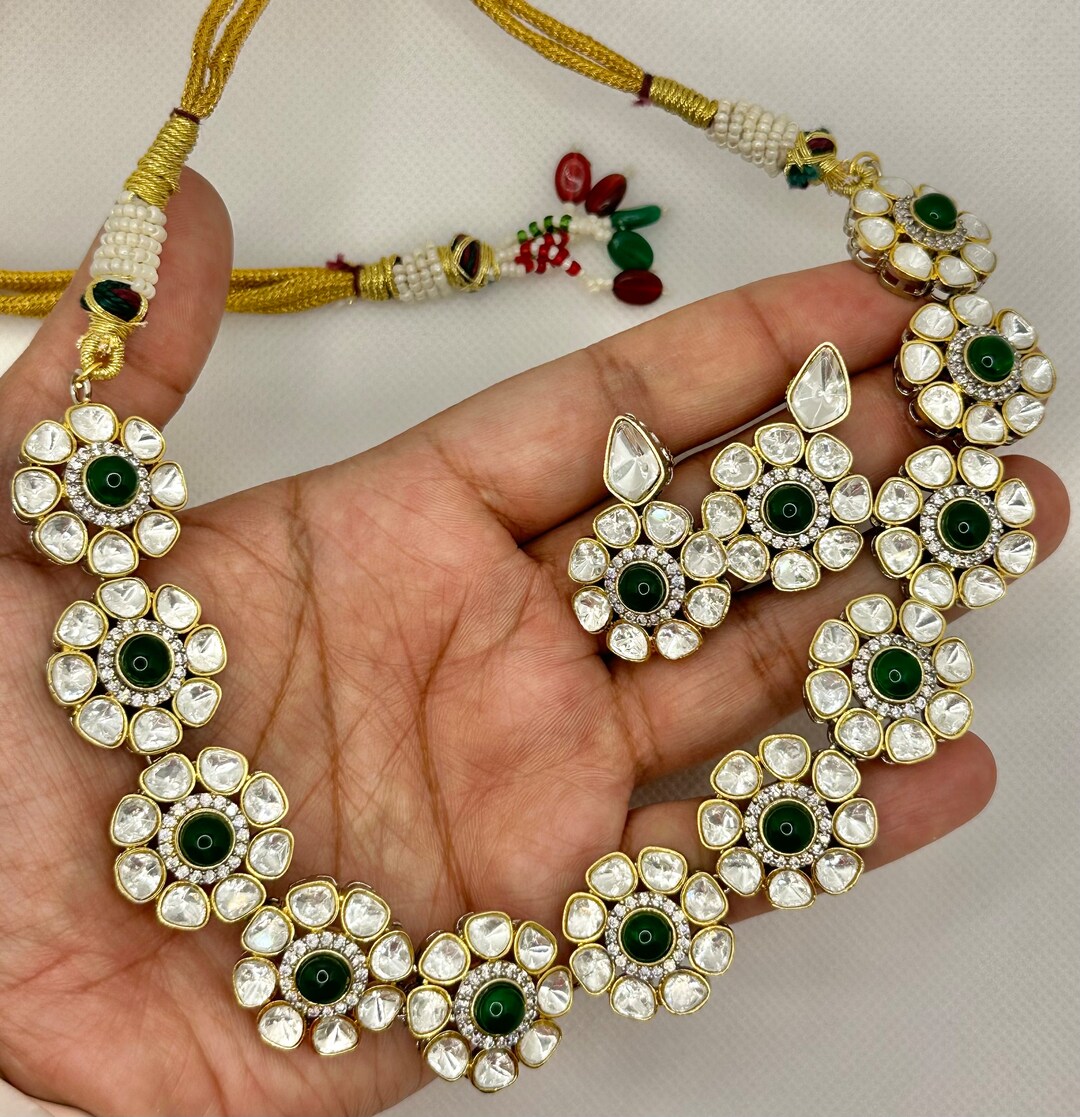 Sabyasachi Inspired Bridal Moissanite Uncut Polki Kundan Medium Length/ Choker Necklace Set ...