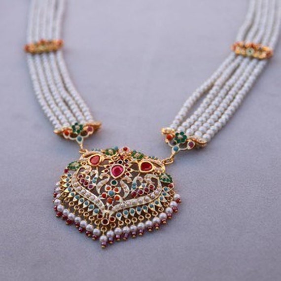 Gold Finish Navratan Stone and Pearl Rani Haar Long Necklace - Etsy