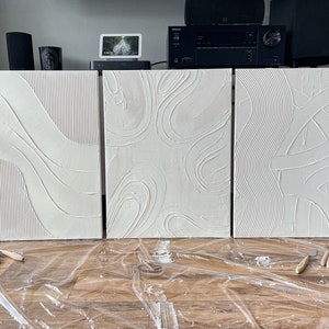 WAVY TRIO Extra Large Textured Plaster Wall Art Minimalist Art White ...