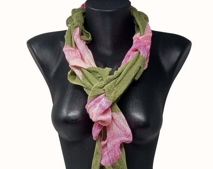 100% Cotton Grass Green & Shades of Pink Stripe Scarf, Unisex Scarf ...