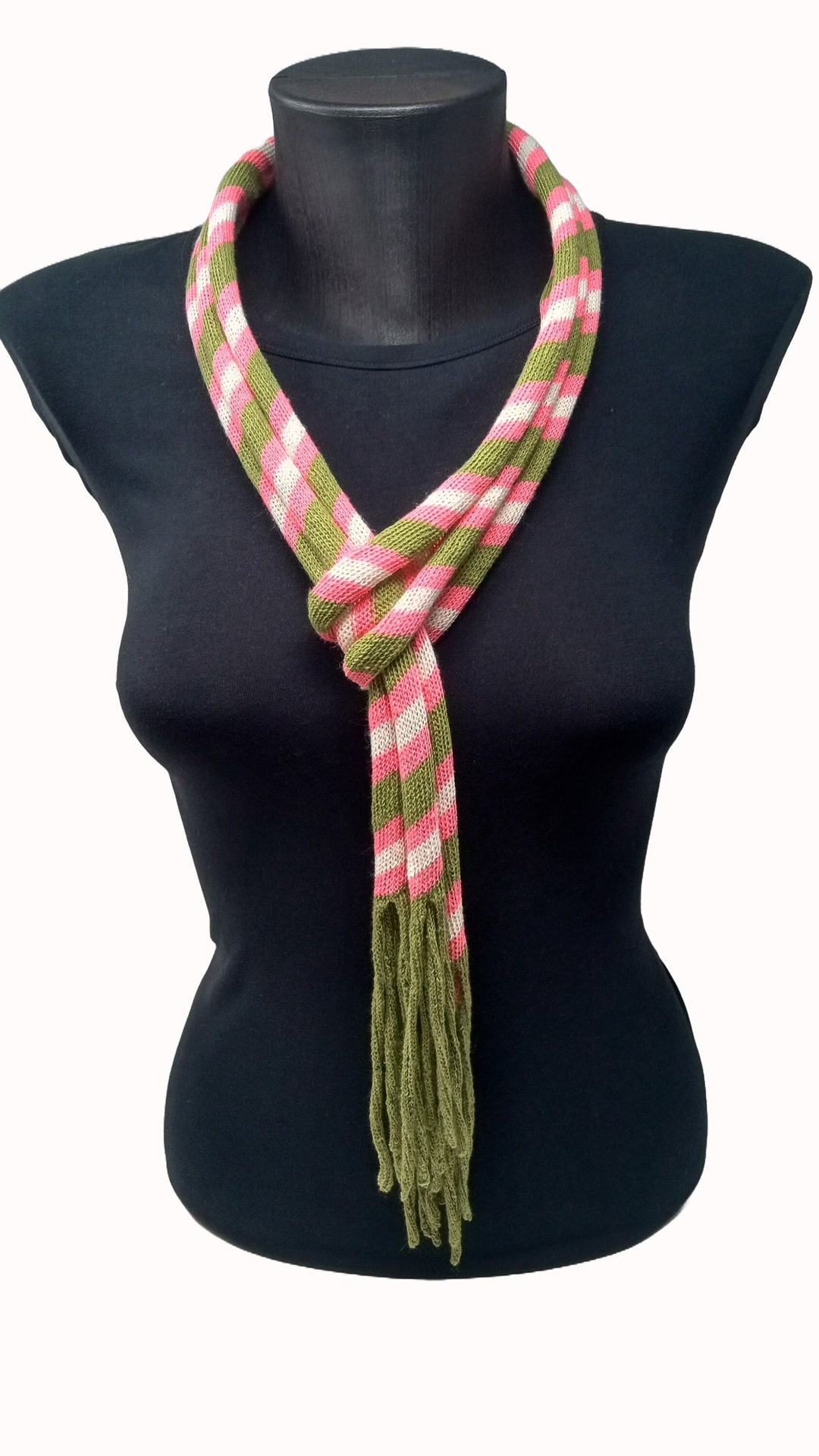100% Cotton Grass Green, Pink & White Stripe Unisex Skinny Scarf ...