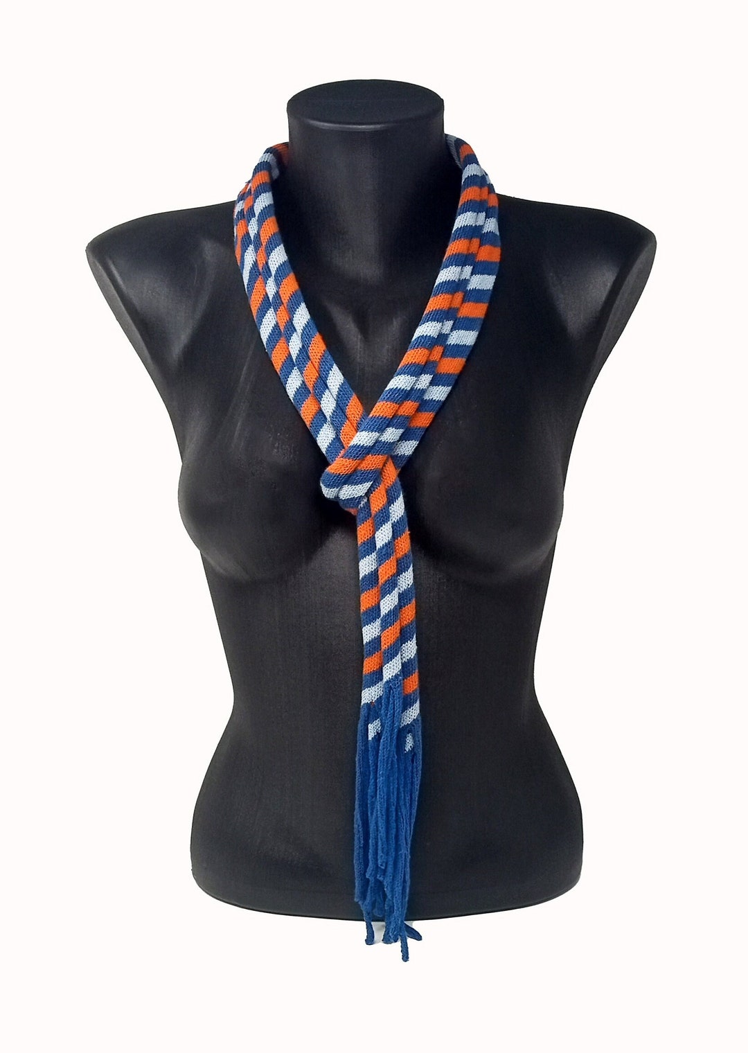 100% Cotton Navy and Light Blue & Orange Stripe Unisex Skinny Scarf ...