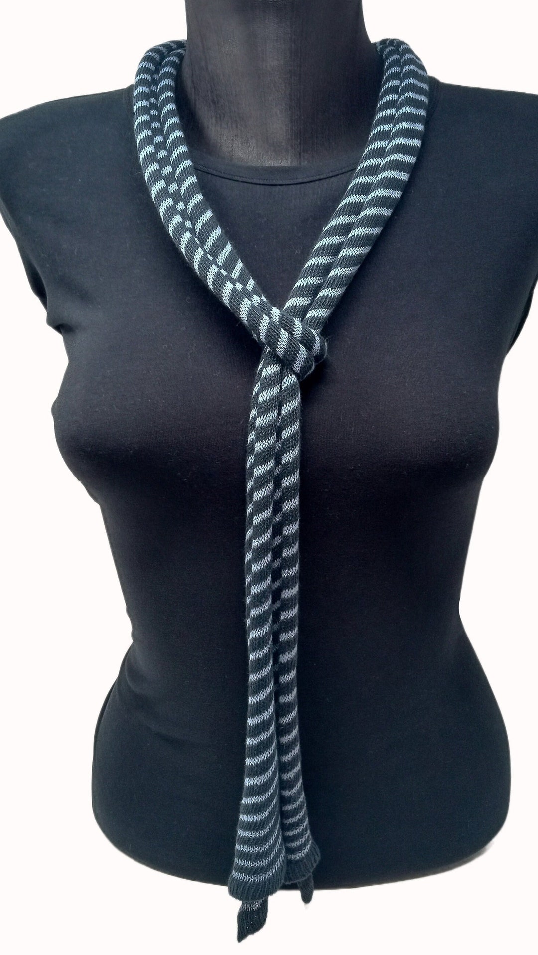 100% Cotton Black & Grey Stripe Unisex Skinny Scarf, Choker Scarf ...
