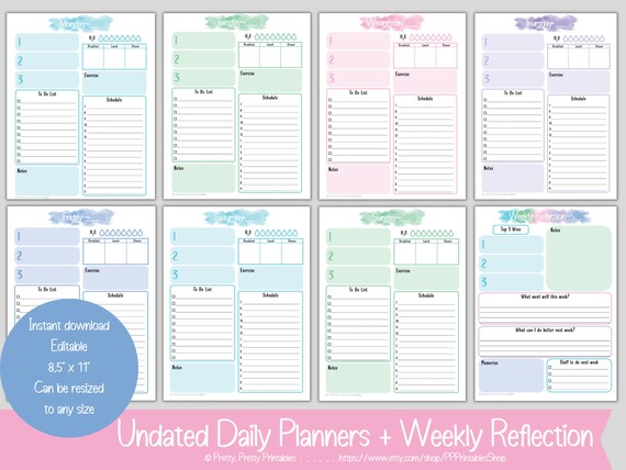 Undated Daily Planner Pages Weekly Reflection Editable & - Etsy