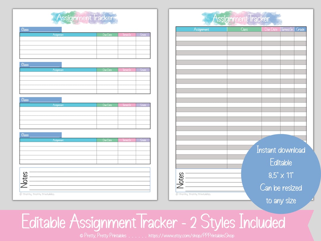 School Assignment Tracker - Printable & Editable - College Assignment ...