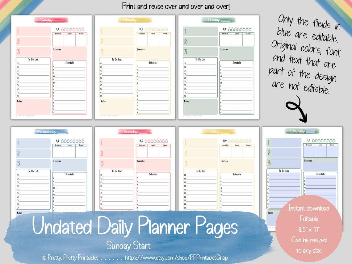 Undated Daily Planner Pages Weekly Reflection Editable & - Etsy