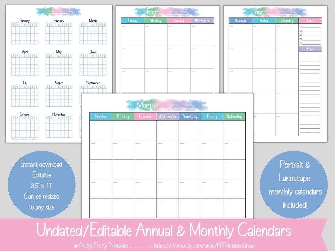 Undated Annual & Monthly Calendars - Printable + Editable - to Do List ...
