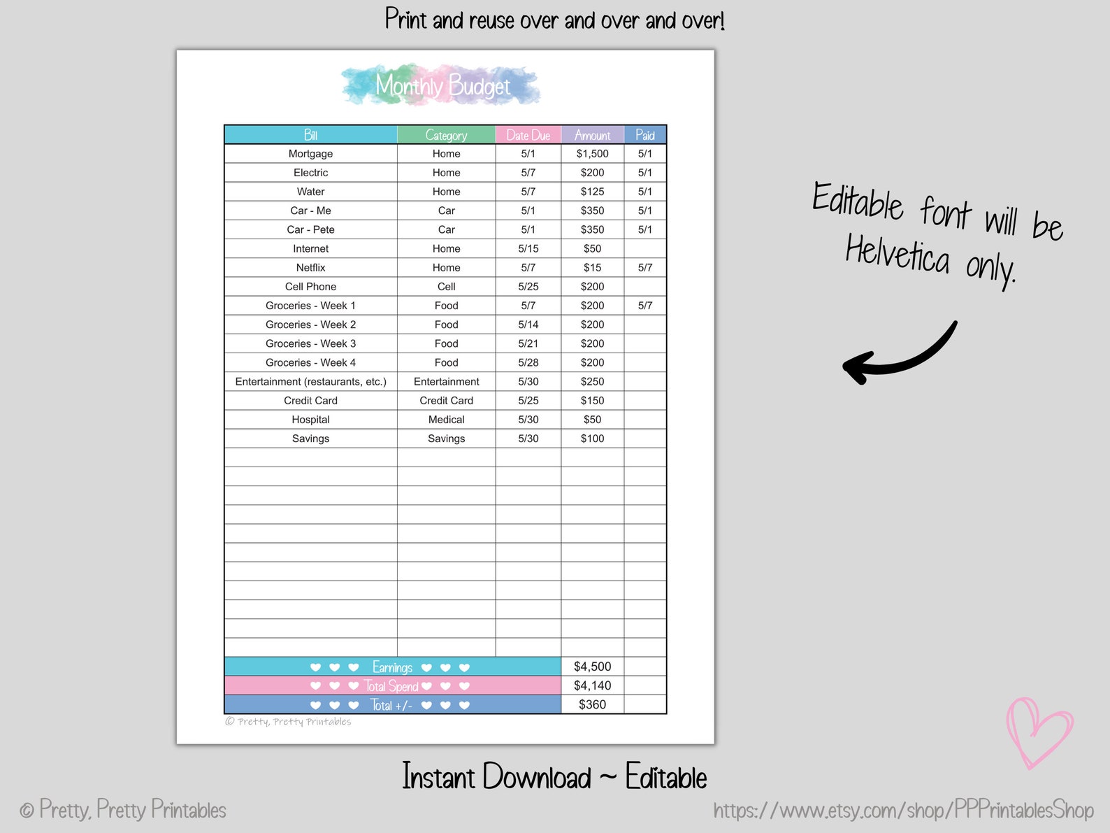 Monthly Bill Budget Tracker Bundle Editable & Printable Pastel Rainbow ...
