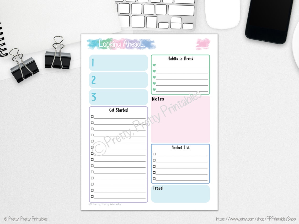 Undated Annual Review & Planner Pages Printable Editable Watercolor ...