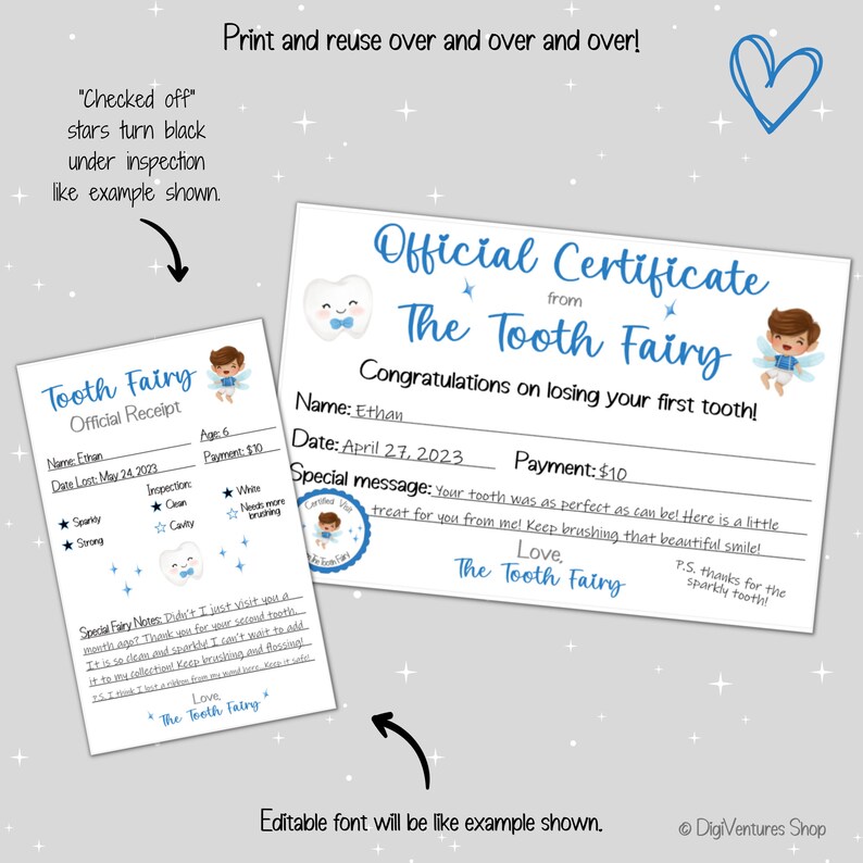 Tooth Fairy Certificate & Receipt | Boy Fairy | First Visit From Tooth ...