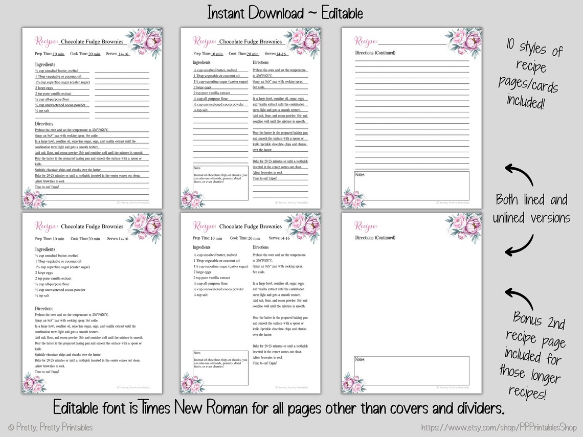 Recipe Book Template Printable & Editable Pink Flowers - Etsy