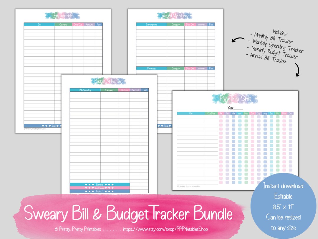 Sweary Monthly Bill + Budget Tracker Bundle - Editable & Printable ...