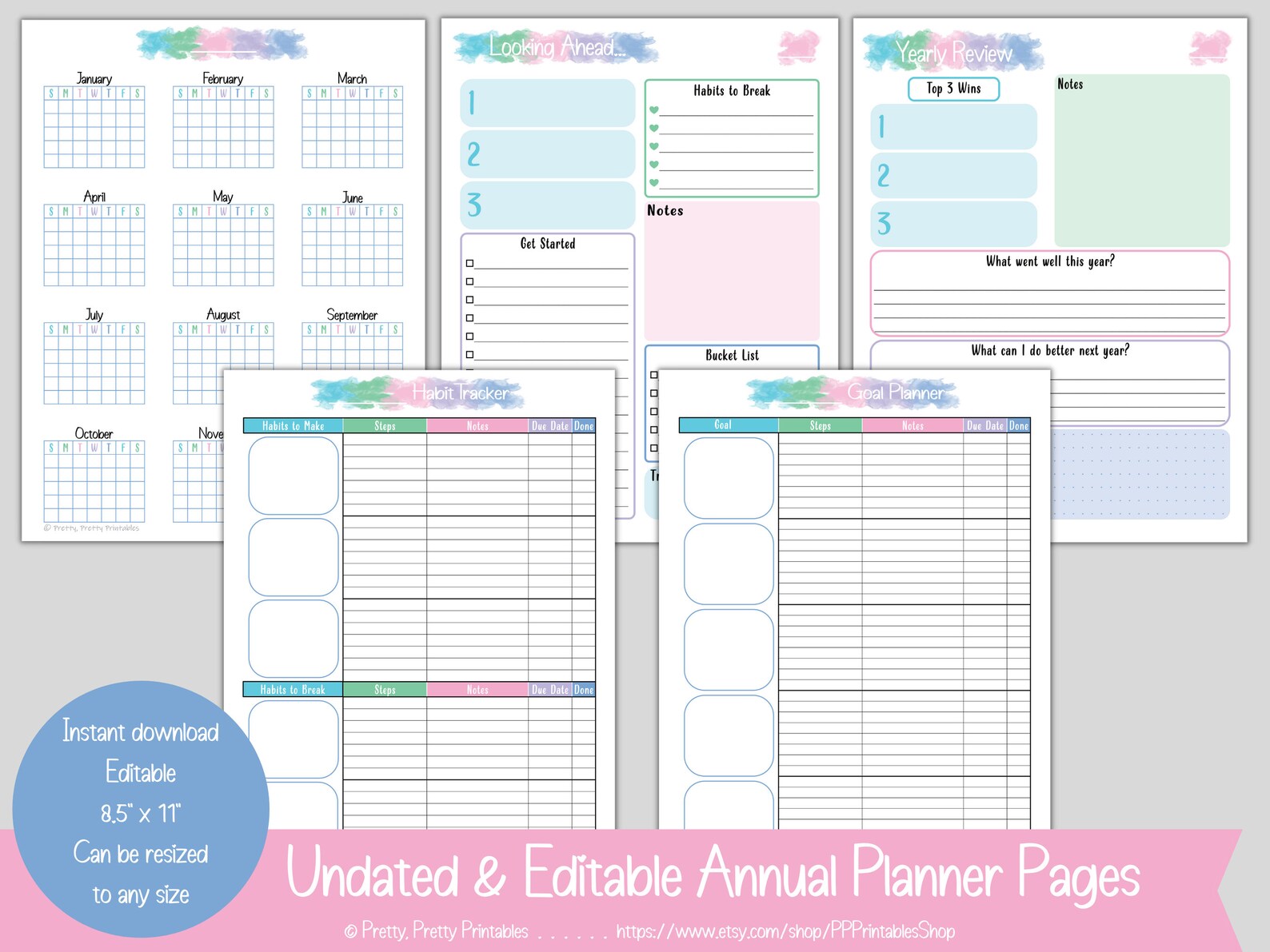 Undated Planner Pack Printable & Editable Annual-monthly-weekly-daily ...