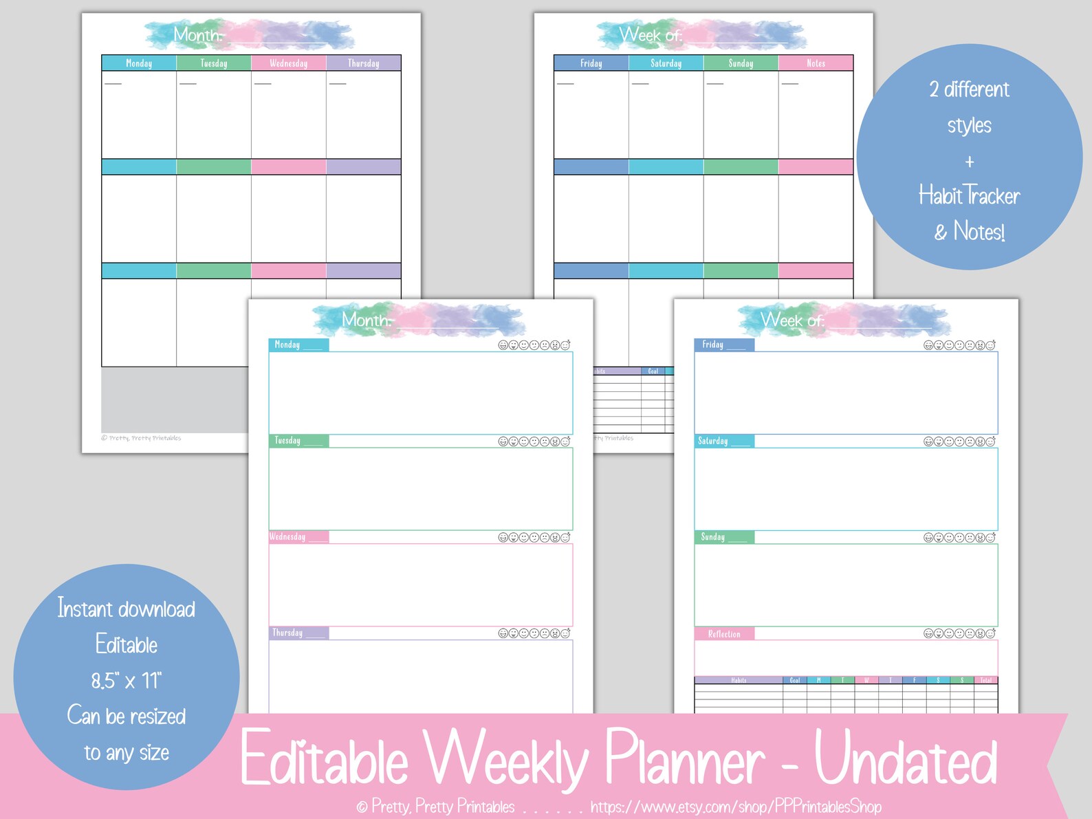 Undated Weekly Planner Pages - Editable & Printable - 2 Styles ...