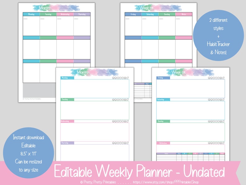 Undated Weekly Planner Pages - Editable & Printable - 2 Styles ...