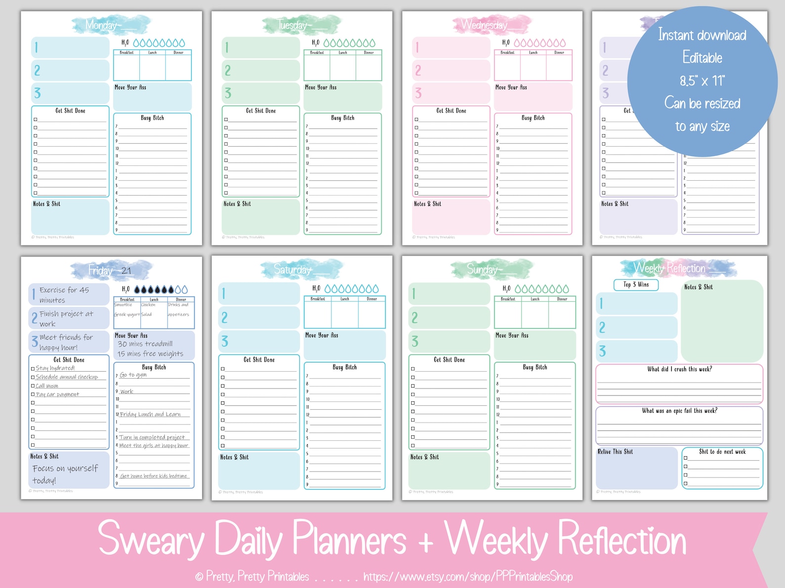 Sweary, Undated Daily Planner Pages + Weekly Reflection - Editable ...