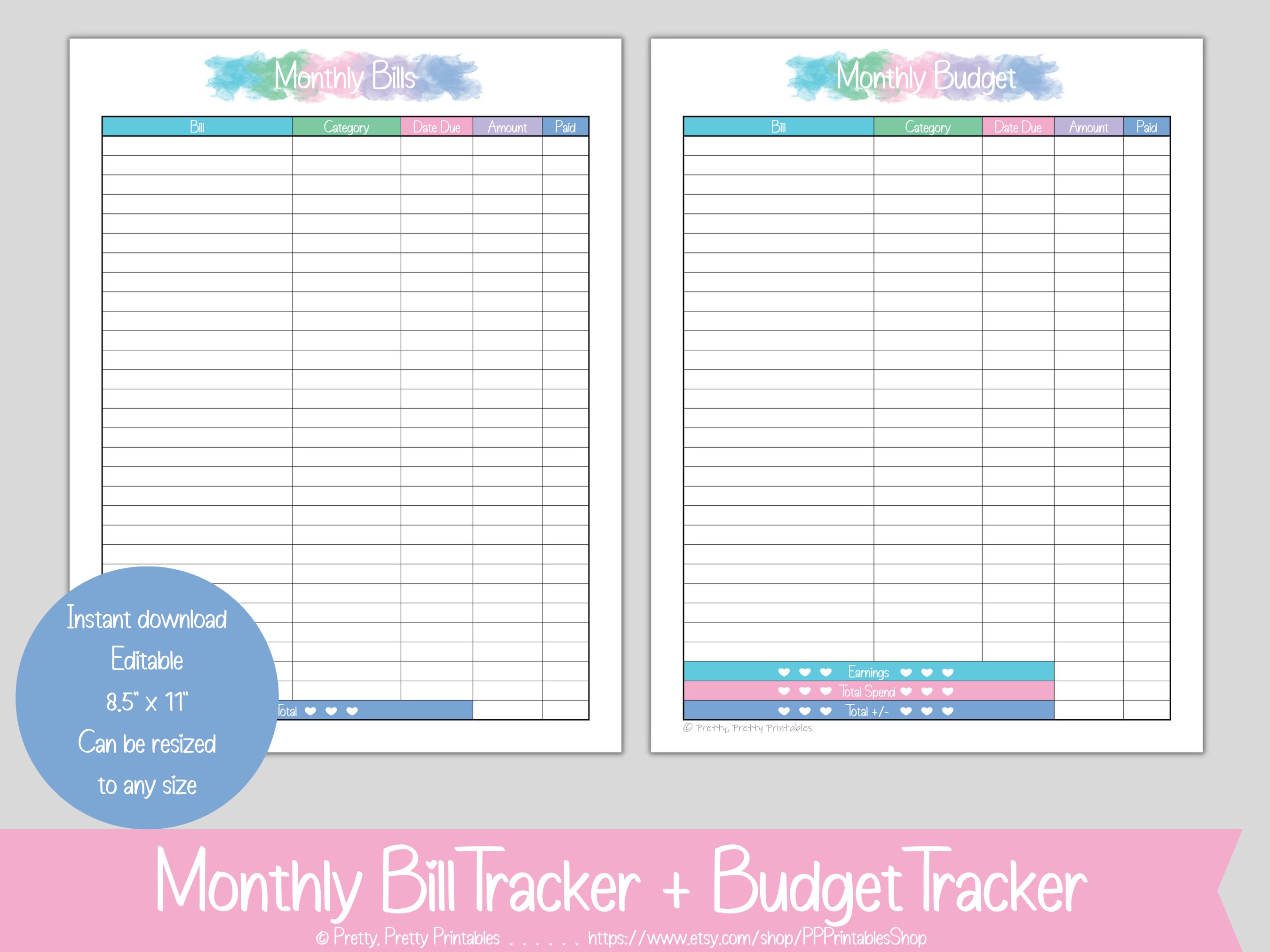Monthly Bill + Budget Trackers - Editable & Printable - Watercolor ...