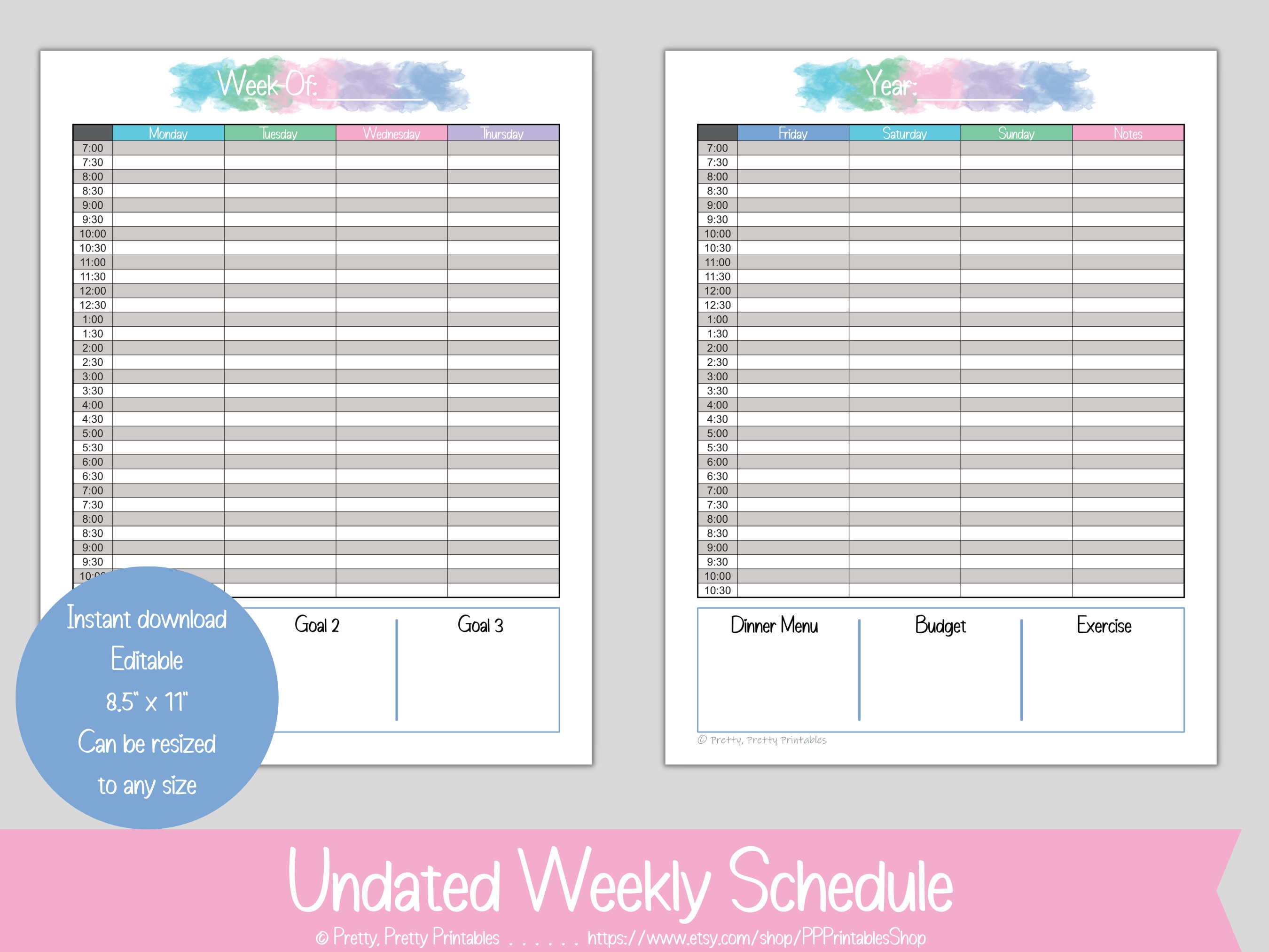 Undated Weekly Schedule - Editable & Printable - Watercolor Banner ...