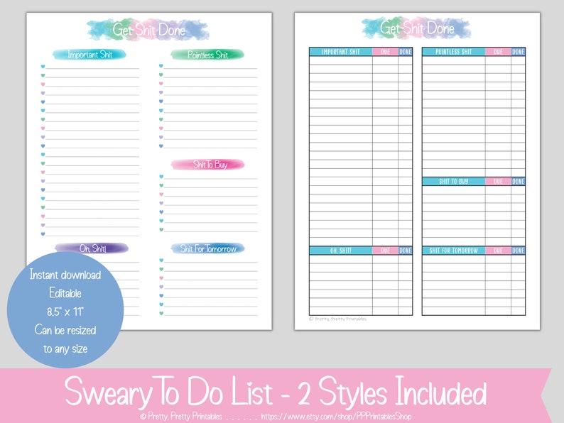 Sweary to Do List - Printable & Editable - Shit to Do List - Watercolor ...
