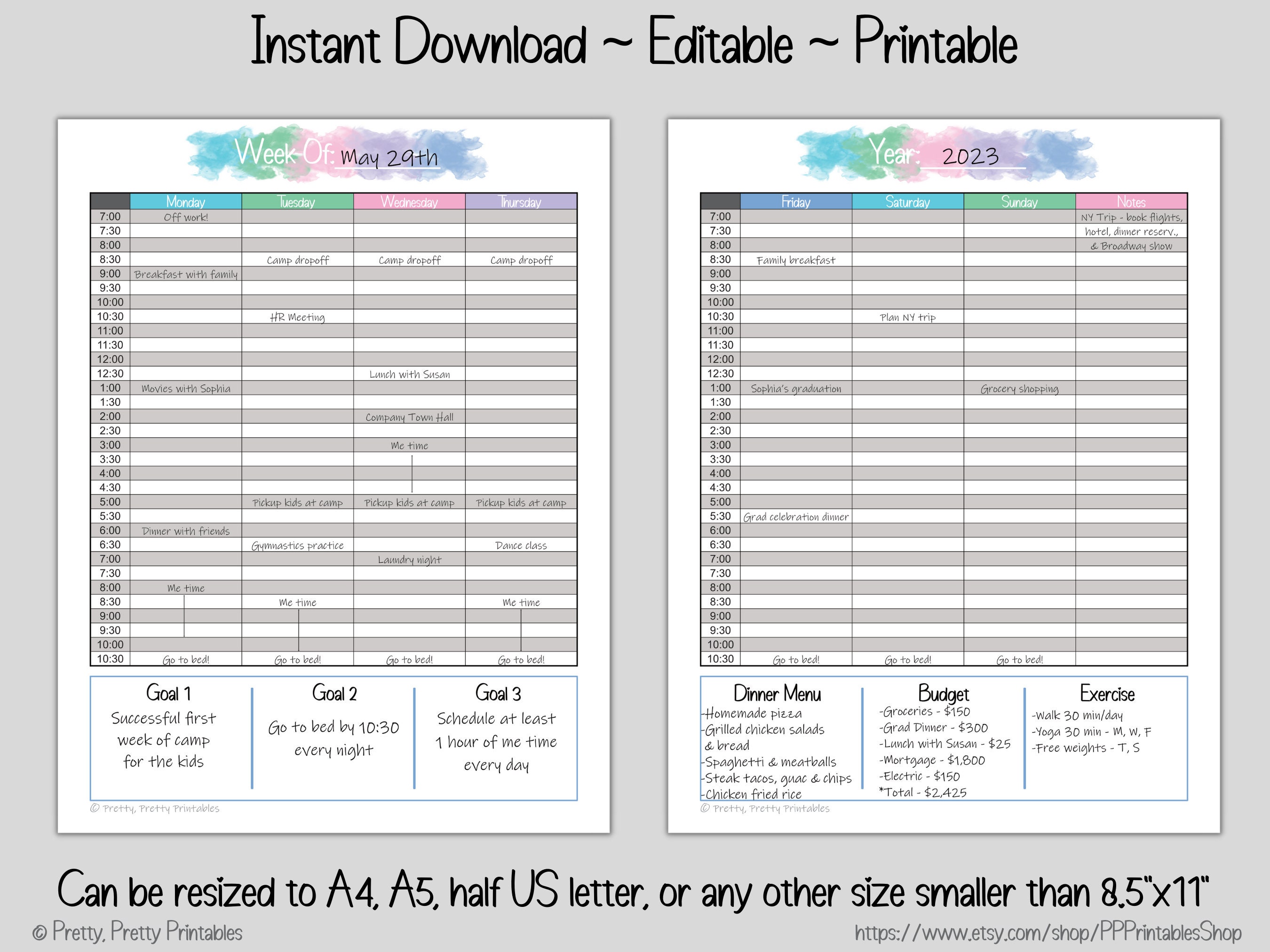 Undated Weekly Schedule - Editable & Printable - Watercolor Banner ...