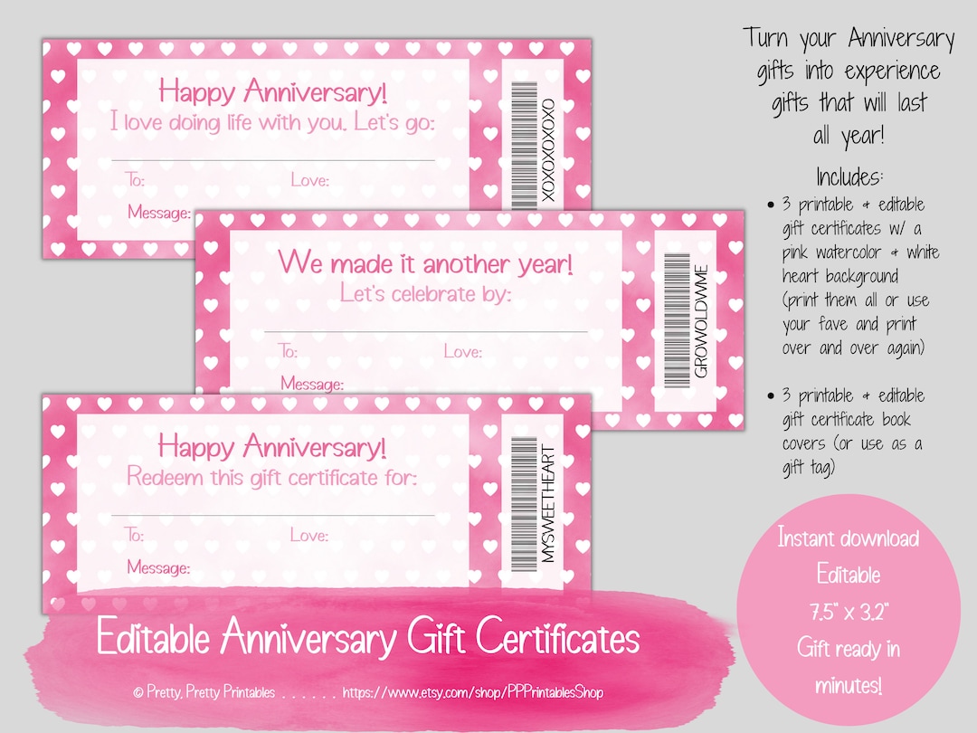 Anniversary Gift Certificate Template Pink Watercolor Hearts - Etsy