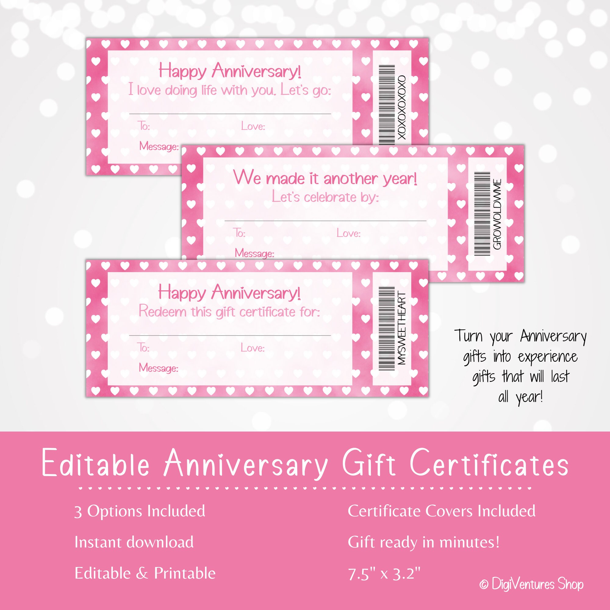 Anniversary Gift Certificate Template | Pink Watercolor Heart ...